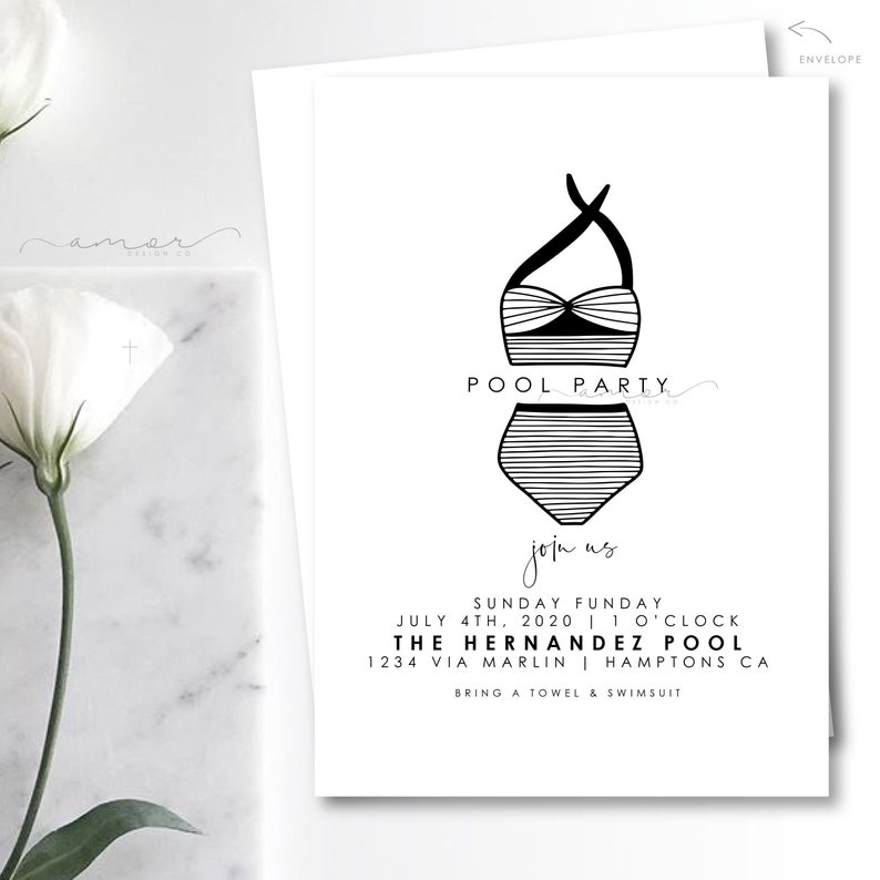 Modern Black and White Pool Party Invitation Beach Party 4th - Etsy