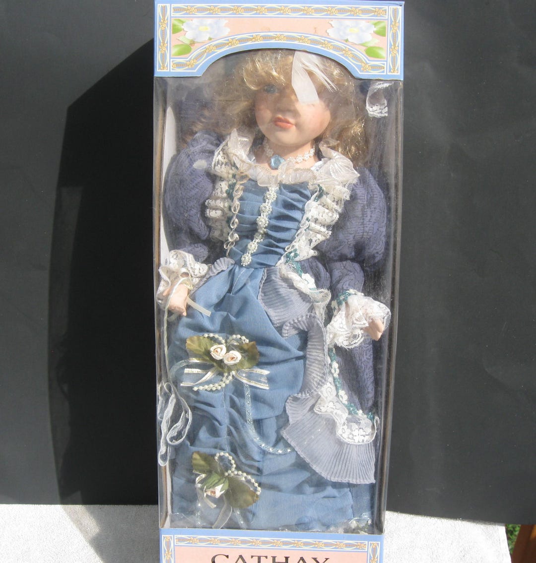 June, Porcelain Doll. Cathy Collections. Blue and White Gown With Roses ...
