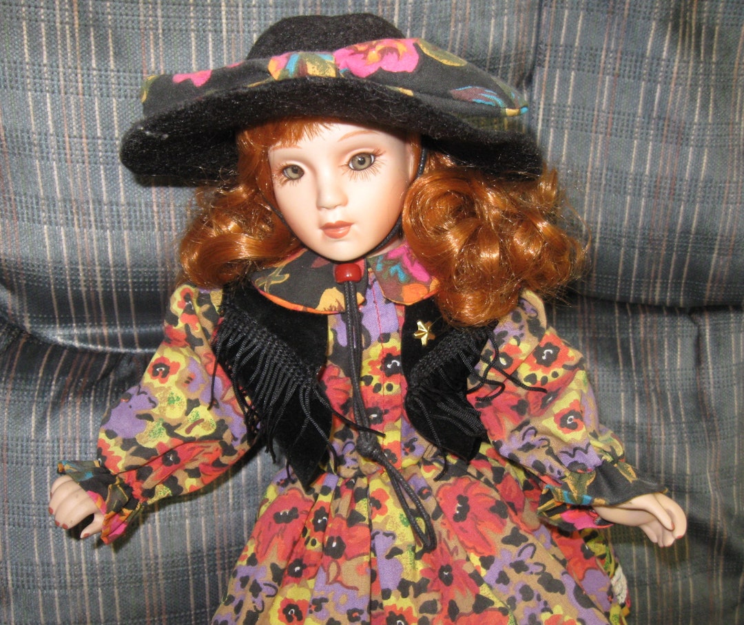 Doll Music Box Cowgirl Porcelain Doll. Working Control Box on Back ...