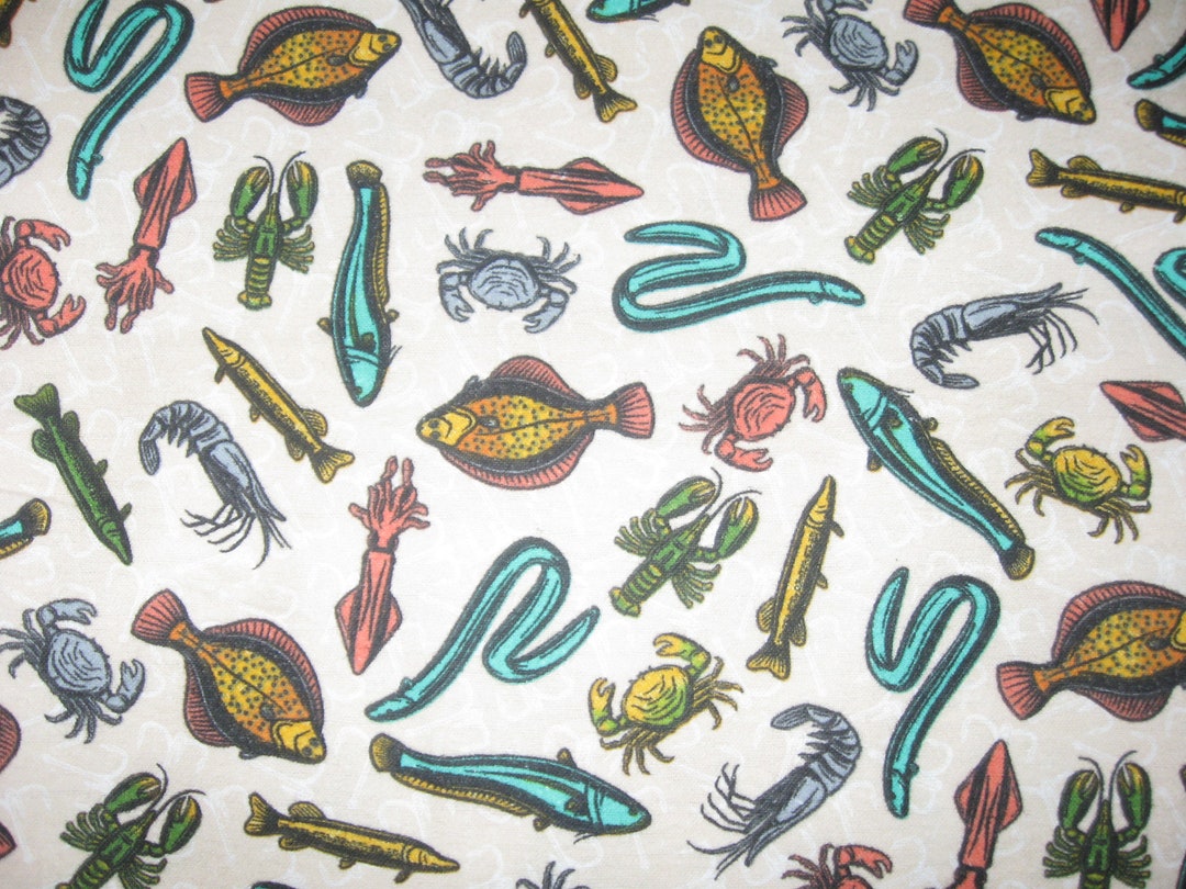 Flannel Fabric Lake Animals, Fish, Eels, Lobsters. 100% Cotton. Sold by ...