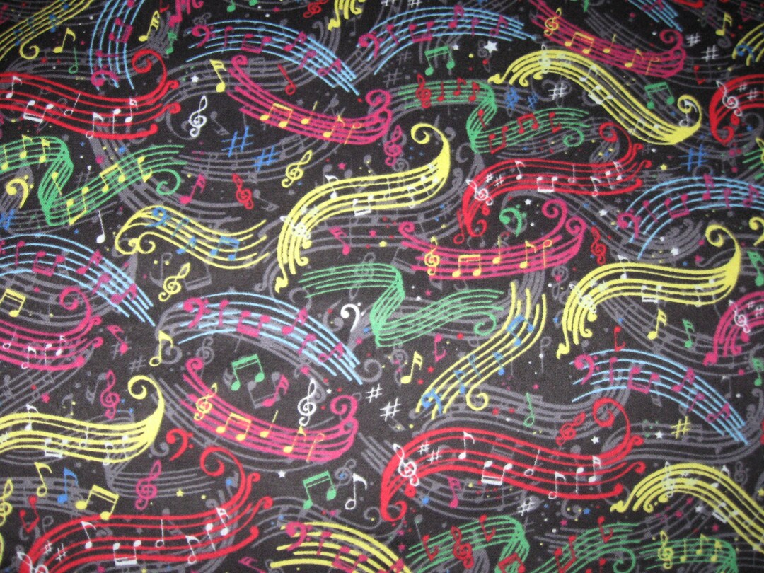 Music Notes on Black, Colorful. 100% Novelty Cotton. Sold by the Yard ...