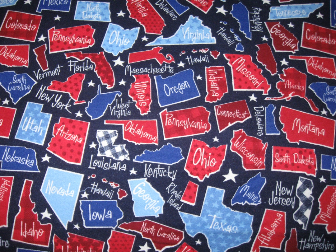Flannel Fabric Patriotic States USA, CA. NY, Fl, Mo, Il, Etc. Navy, 100 ...