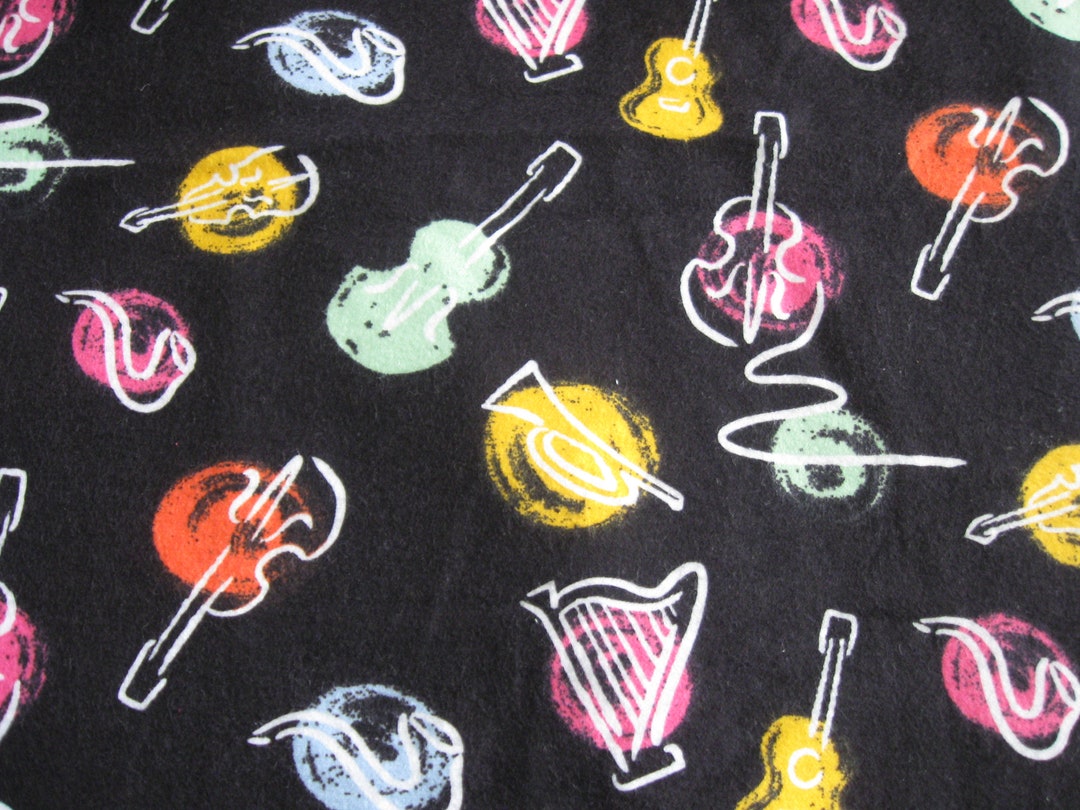 Flannel Fabric Music Instruments. 100% Cotton. Guitars, Trumpets, Harps ...