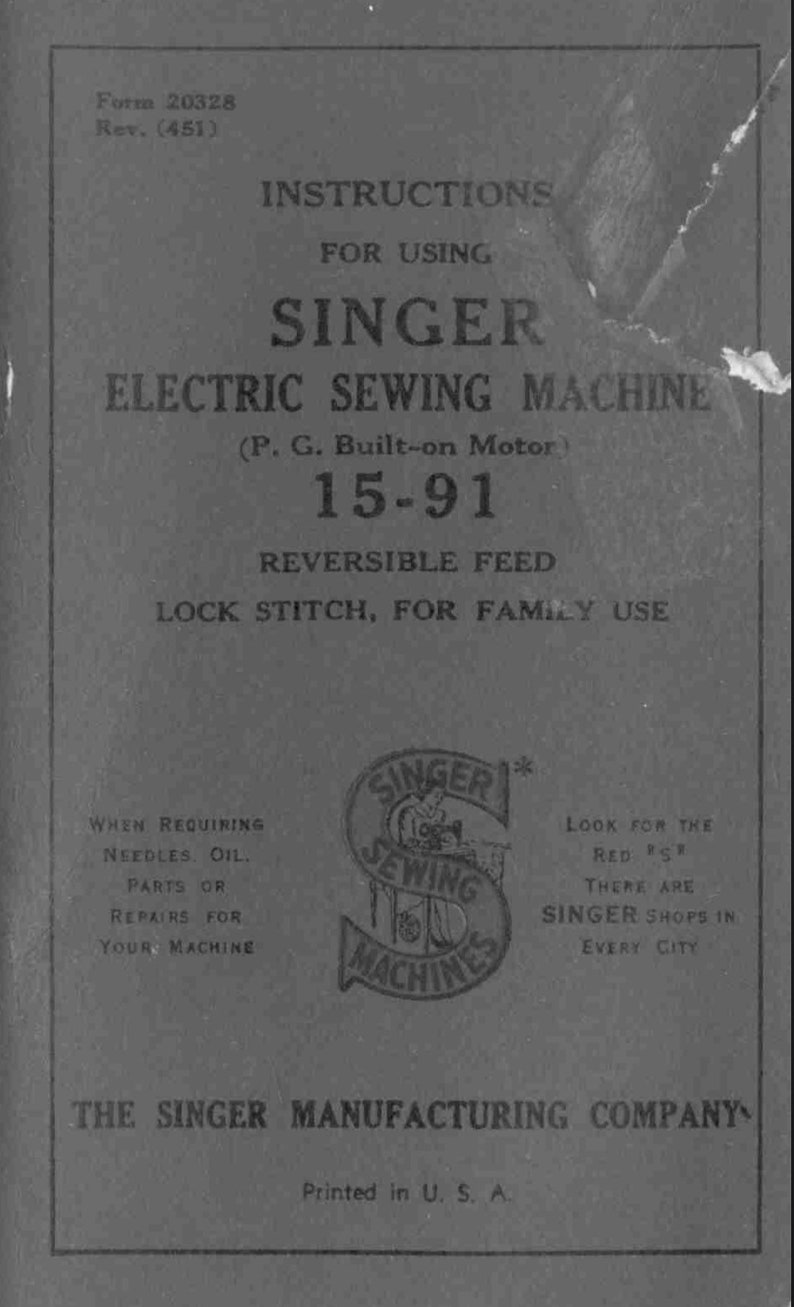 Digital Instructions Manual for Singer 15 91 Sewing Machine - Etsy