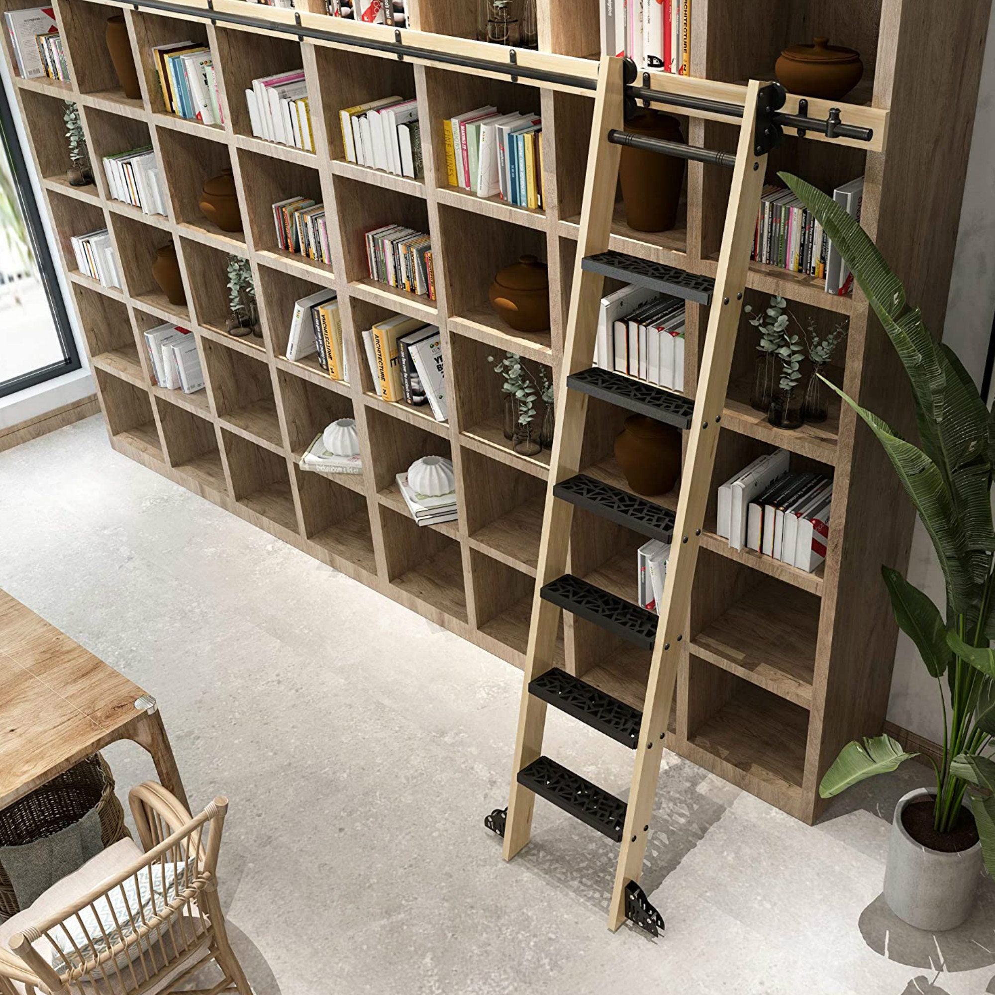 Natural Knotty Pine Wood Sliding Library Sliding Step Ladder - Etsy UK