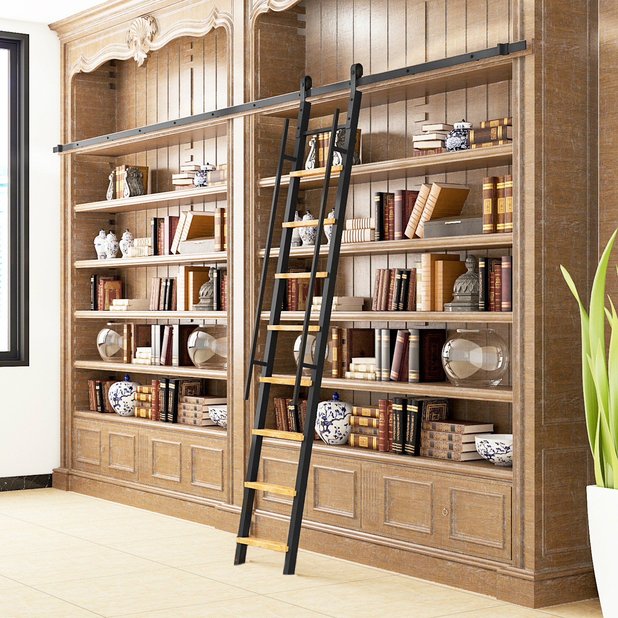 Natural Knotty Pine Wood Sliding Library Sliding Step Ladder - Etsy Canada