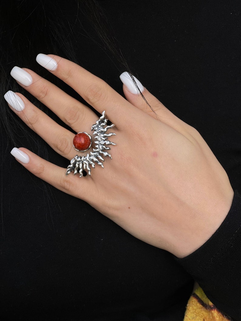 Two Fingers Ring Sun Sterling Silver 925, Red Coral Ring, Double Finger ...