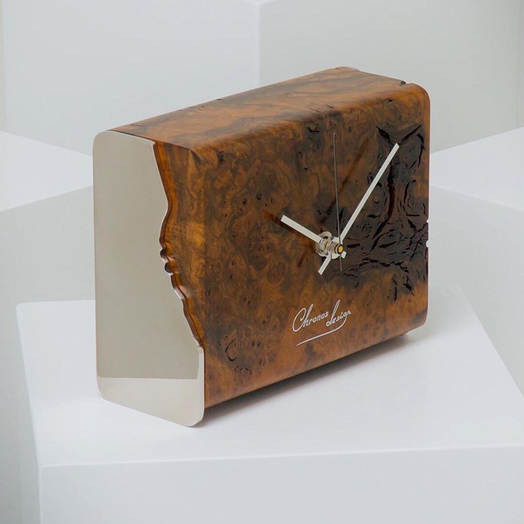 Unique Burl Walnut Wood Table Clock: Handmade Luxury Wooden Desk Clock ...