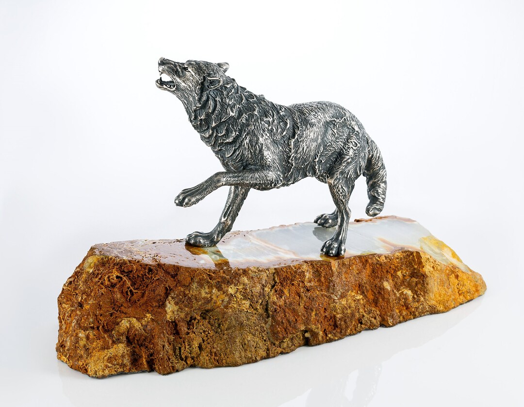 Wolf Statue Sterling Silver, Animal Statue Wolf Figurine Brass 24K Gold ...