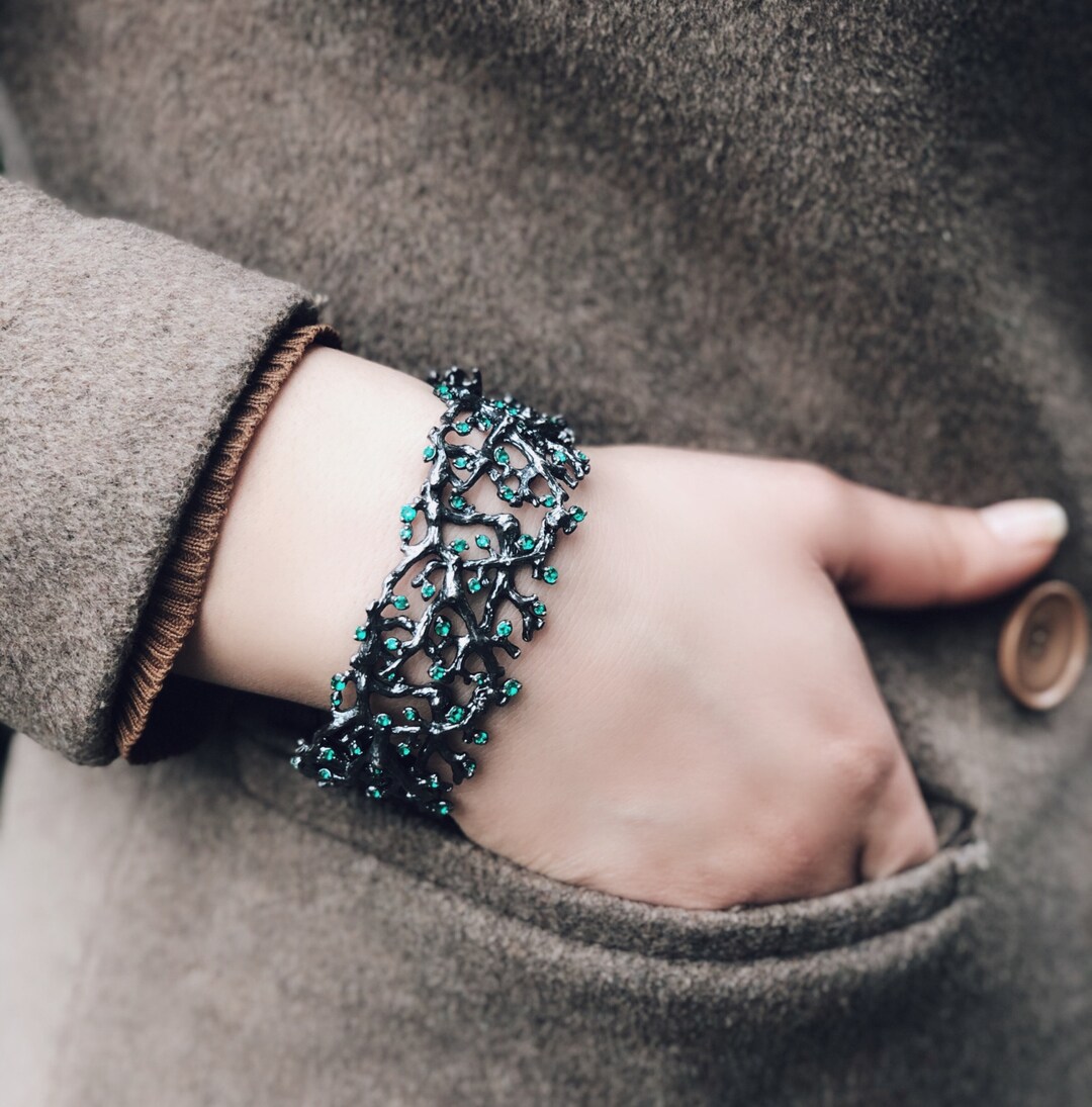 Wide Tree Branch Bracelet Sterling Silver 925, Green Nano Crystals ...