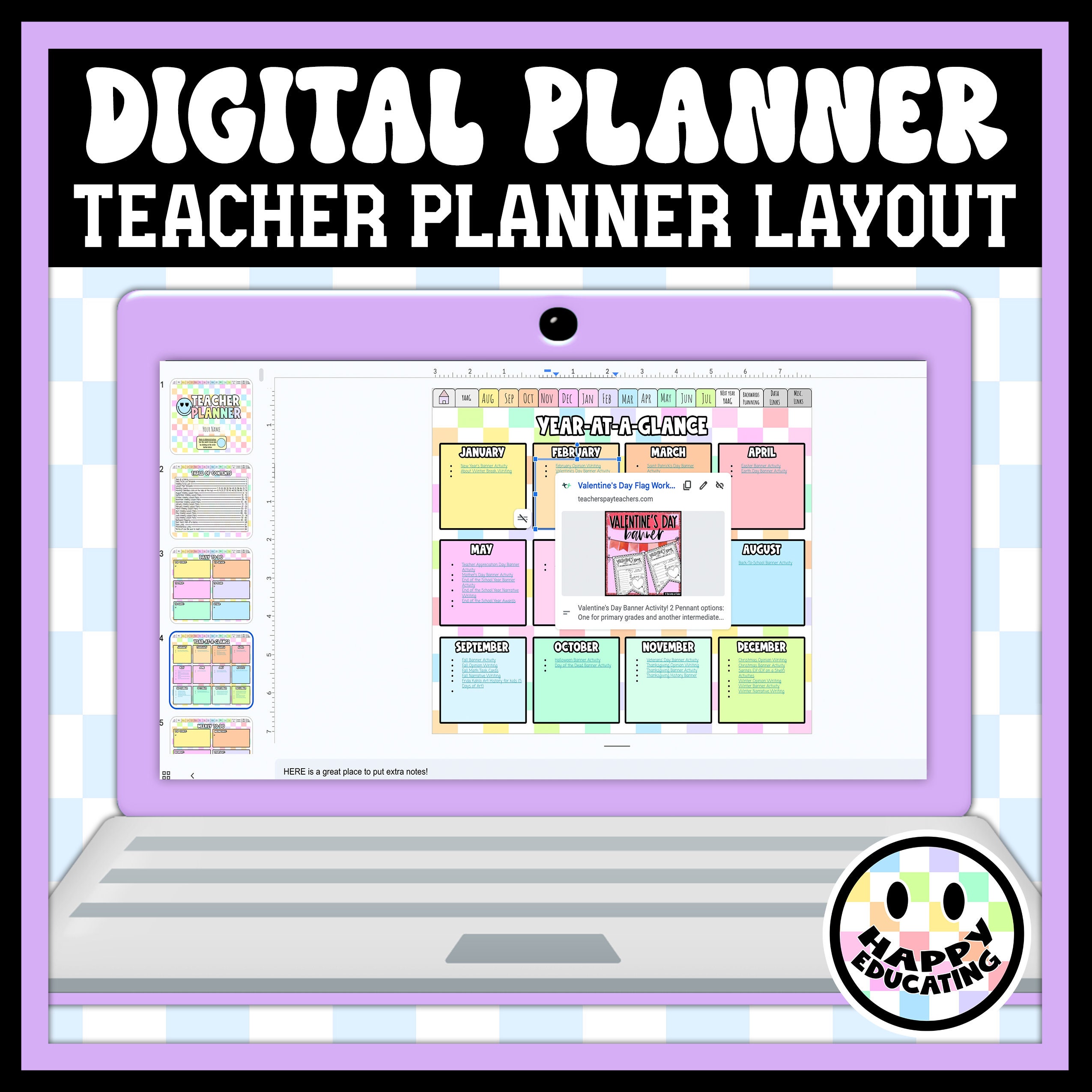 Digital Teacher Planner - EDITABLE - Pastel Checkered - Google Slides ...