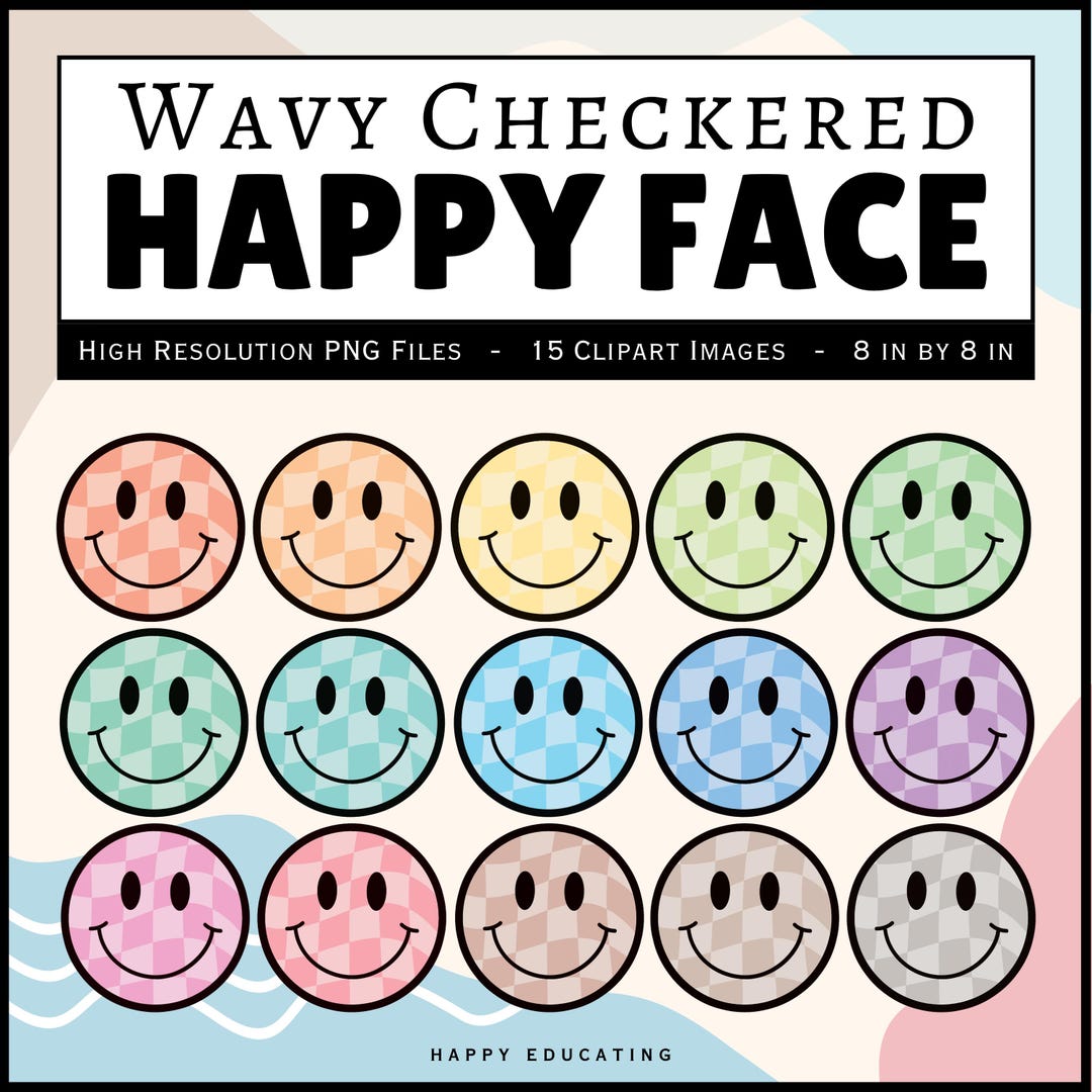Set of 15 Happy Face Wavy Checkered Clipart PNG Images - Retro Clipart ...