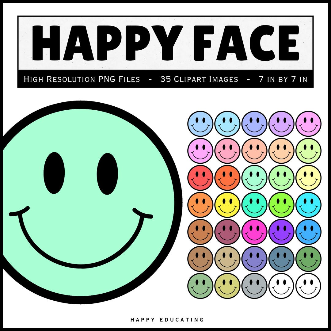 Set of 35 Happy Face Clipart PNG Images - Retro Clipart, Pastel Clipart ...