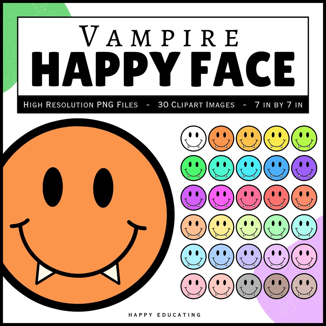 Set of 30 Vampire Happy Face Clipart PNG Images - Halloween Retro ...