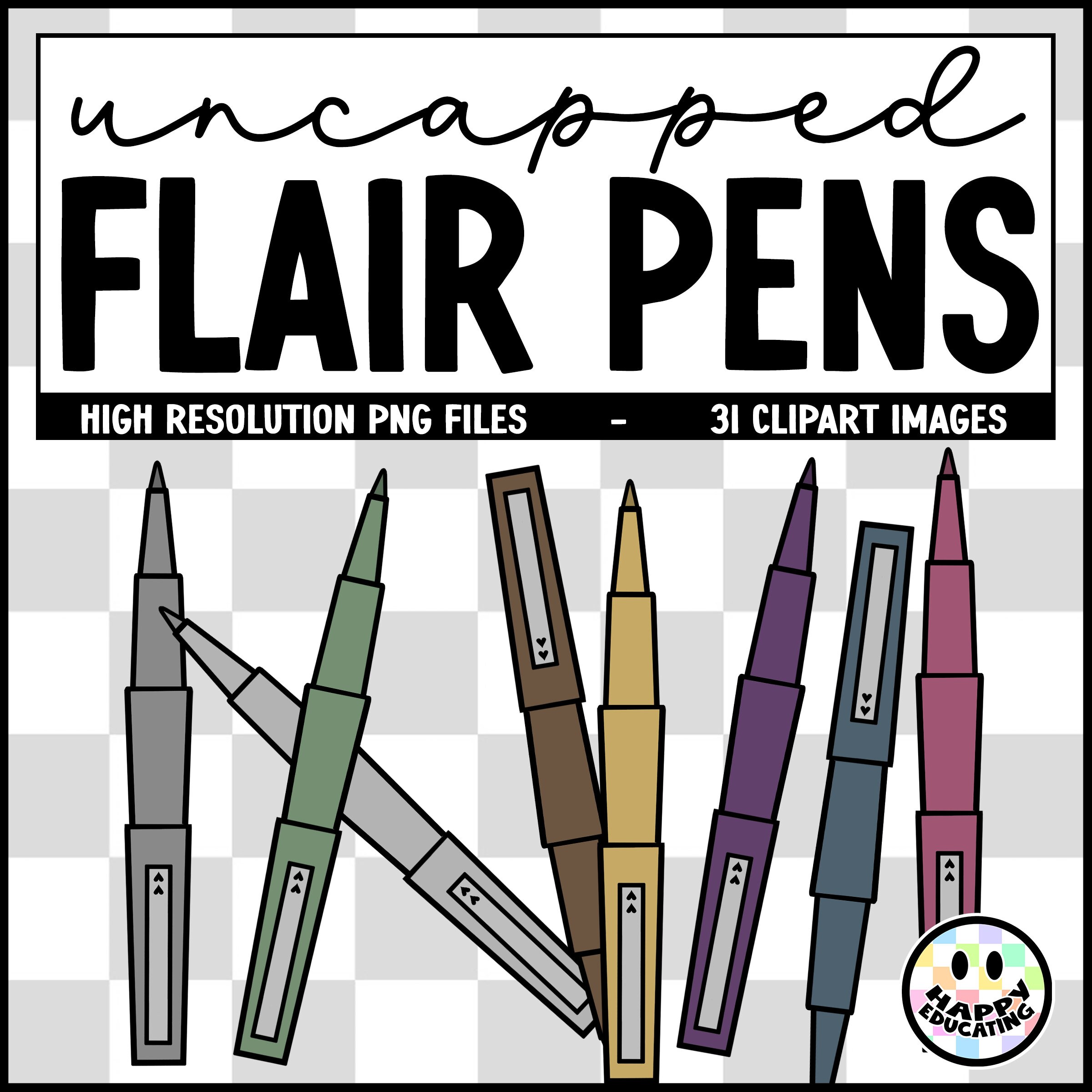 Set of 31 Uncapped Flair Pen Clipart PNG Images Cap Attached to Flair ...