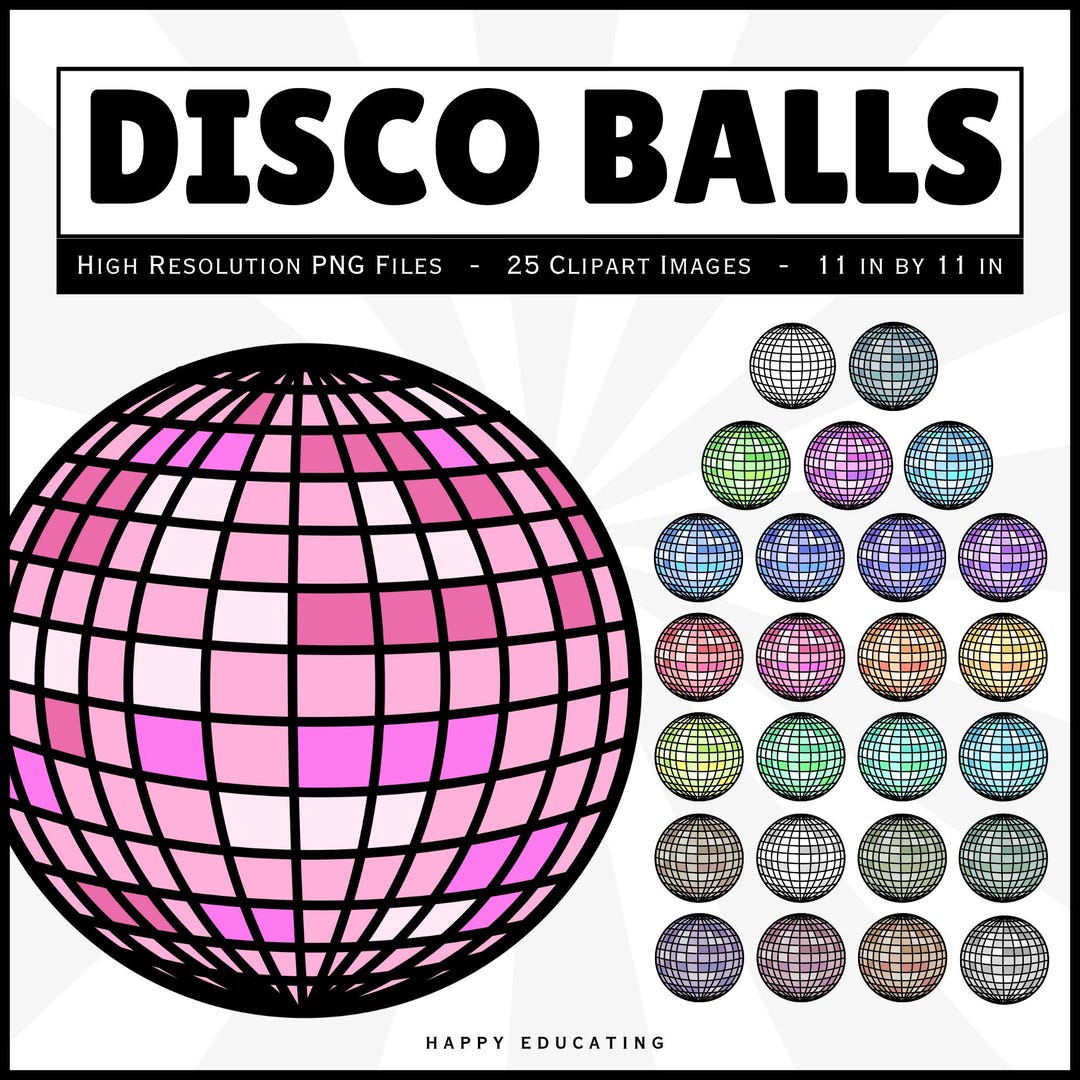 Set of 25 Disco Balls Clipart PNG Images Digital Download Bright ...