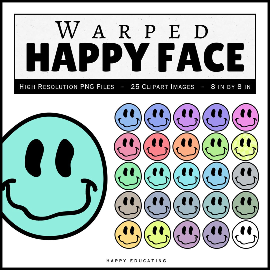 Set of 25 Warped Happy Face Clipart PNG Images Assorted Colors Bright ...