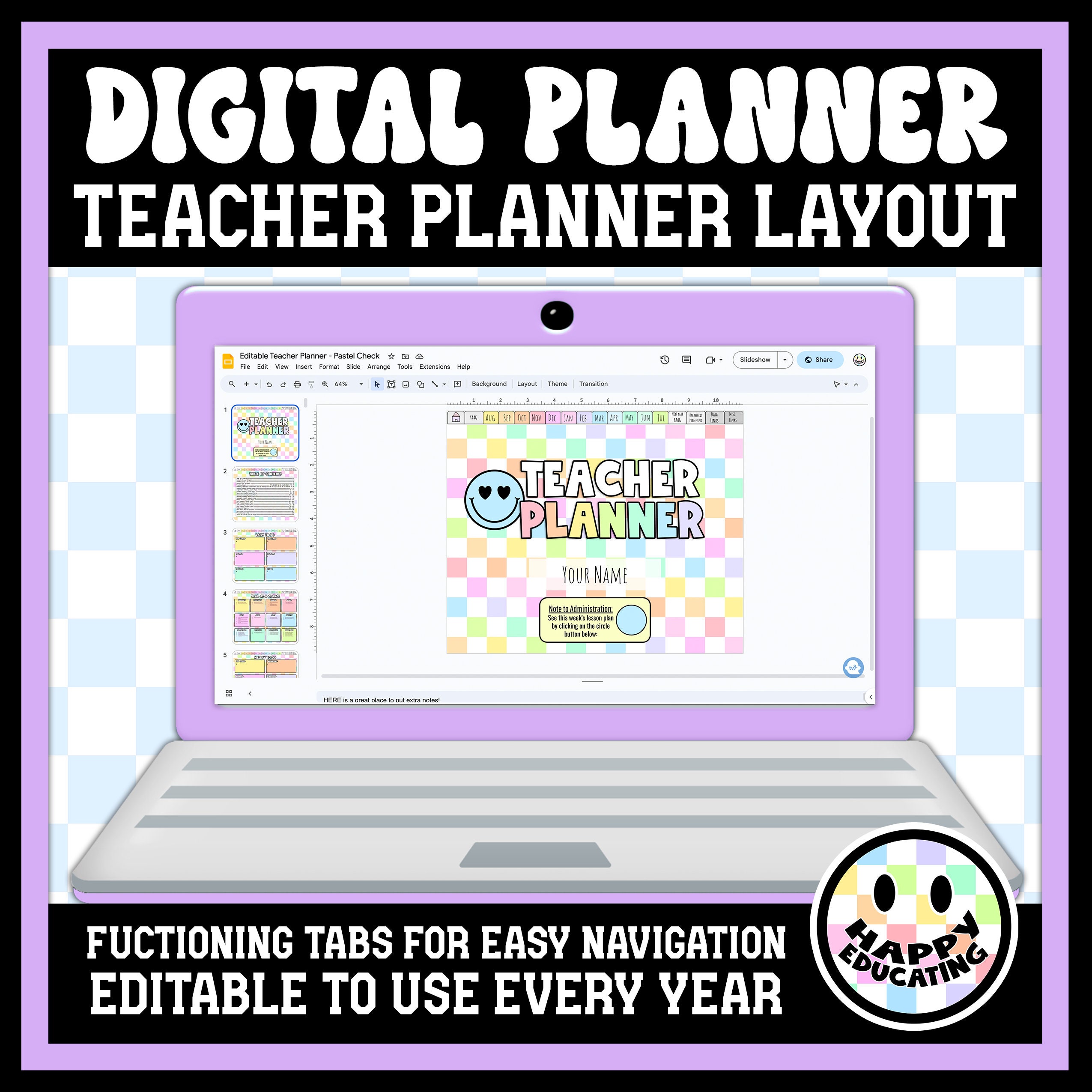 Digital Teacher Planner - EDITABLE - Pastel Checkered - Google Slides ...