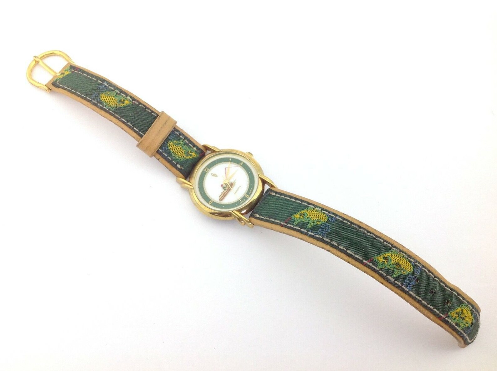 Quintel Gold Tone Round Green Face Fishing Wrist Watch With Canvas Band ...