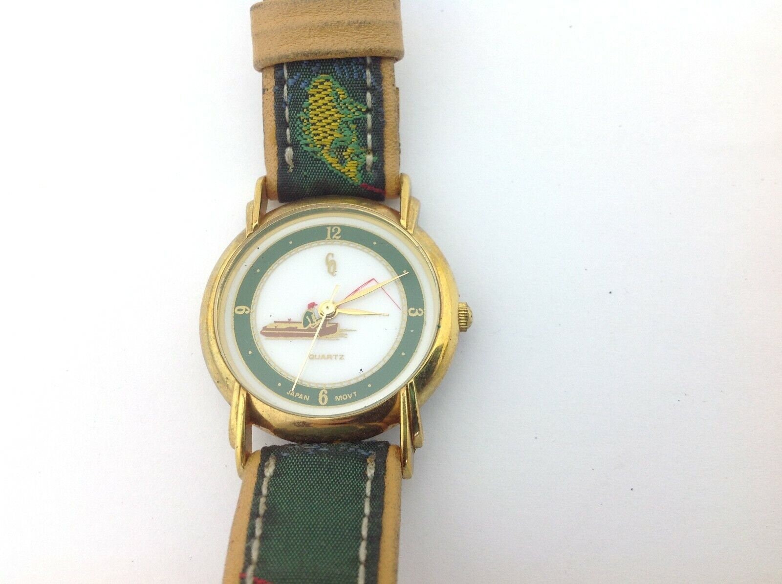Quintel Gold Tone Round Green Face Fishing Wrist Watch With Canvas Band ...
