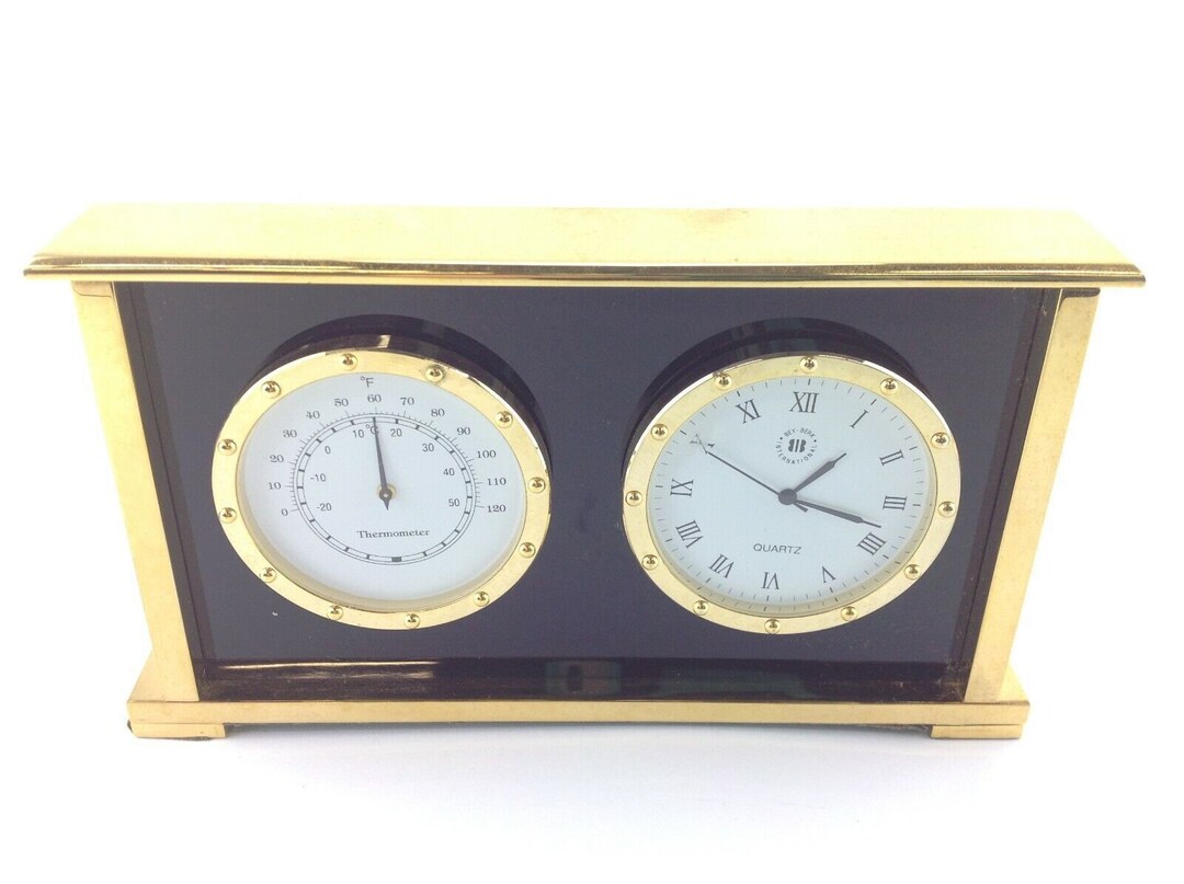 Bey-berk Brass Deck Clock With Thermometer - Paper Weight Quartz ...