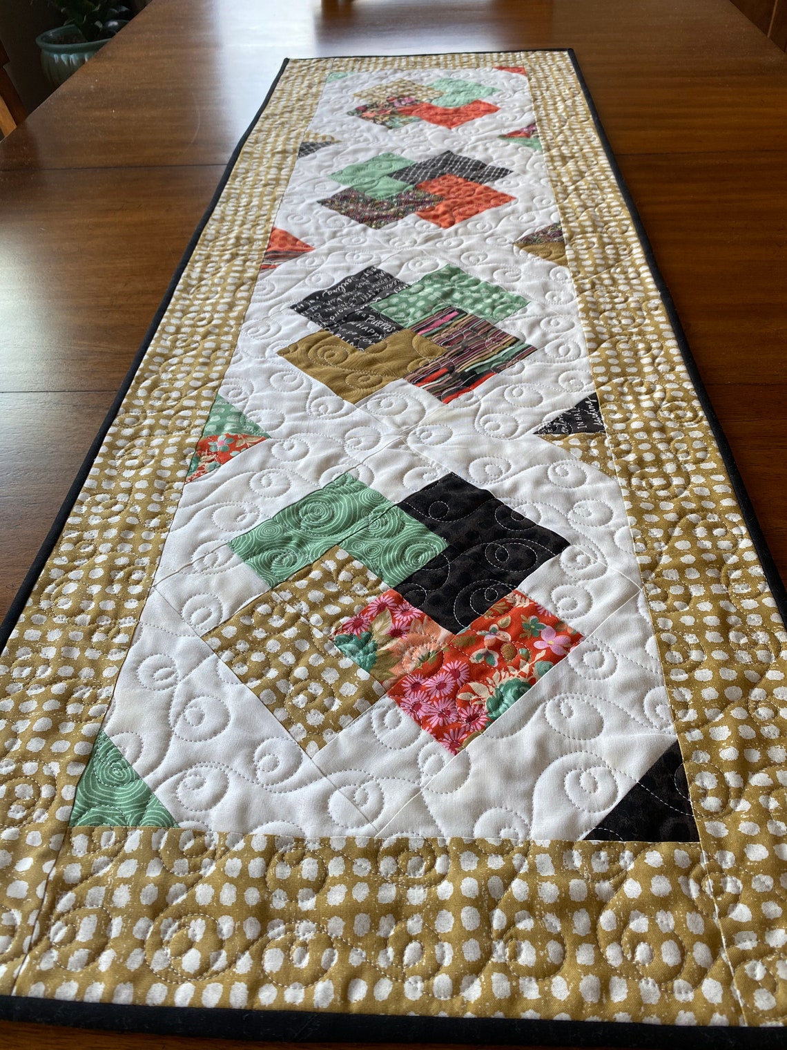 Quilted Table Runner-modern Squares Black Green Orange Gold - Etsy
