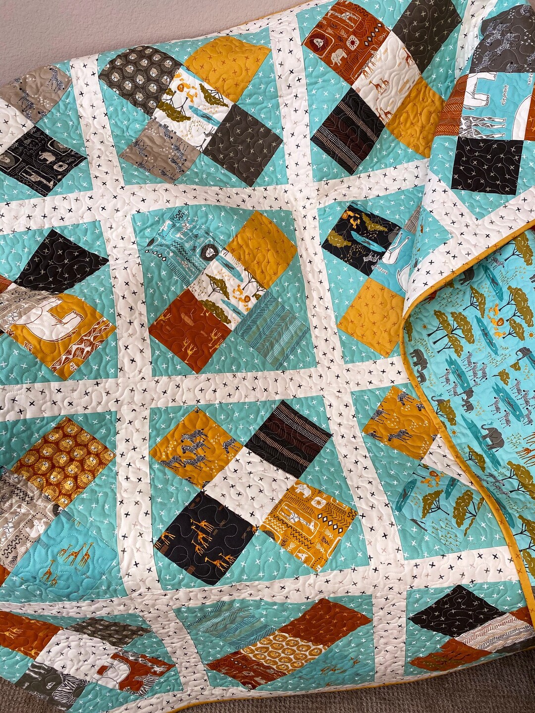 Quilt - Safari Life in Aqua, Goldenrod, Taupe, Gray, Cream - Etsy