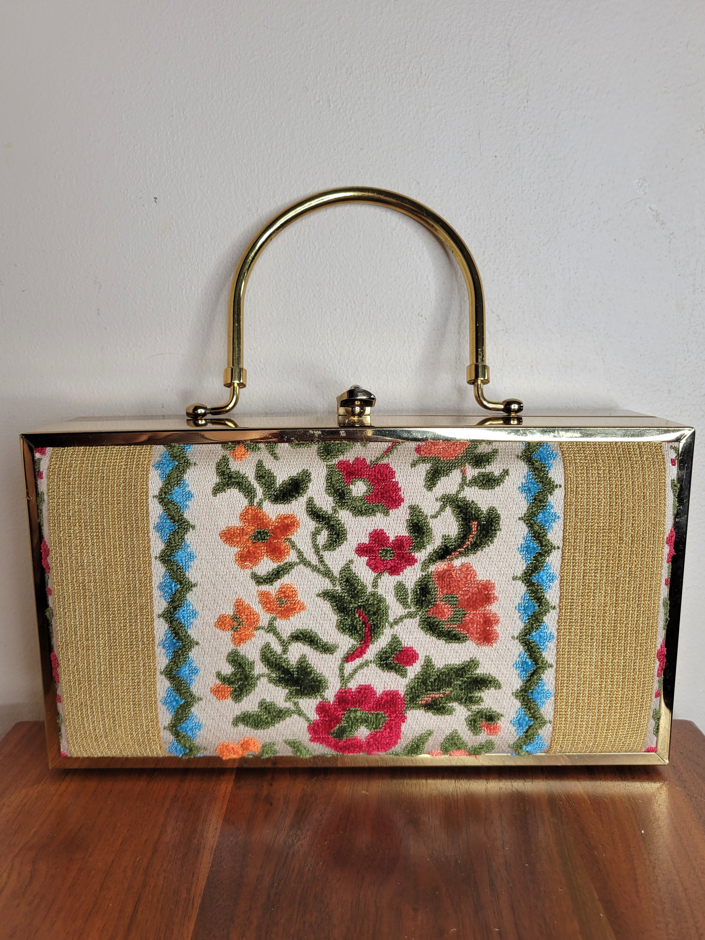 RARE 1960s Floral Chenille & Gold Metal Box Purse by Lou Taylor Miami ...
