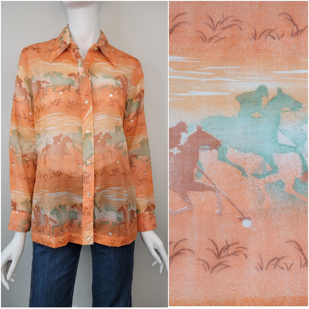 Vintage 1970s Horse Polo Print Blouse Kolortron by Koret of California Size M 36B 37B 38B ...