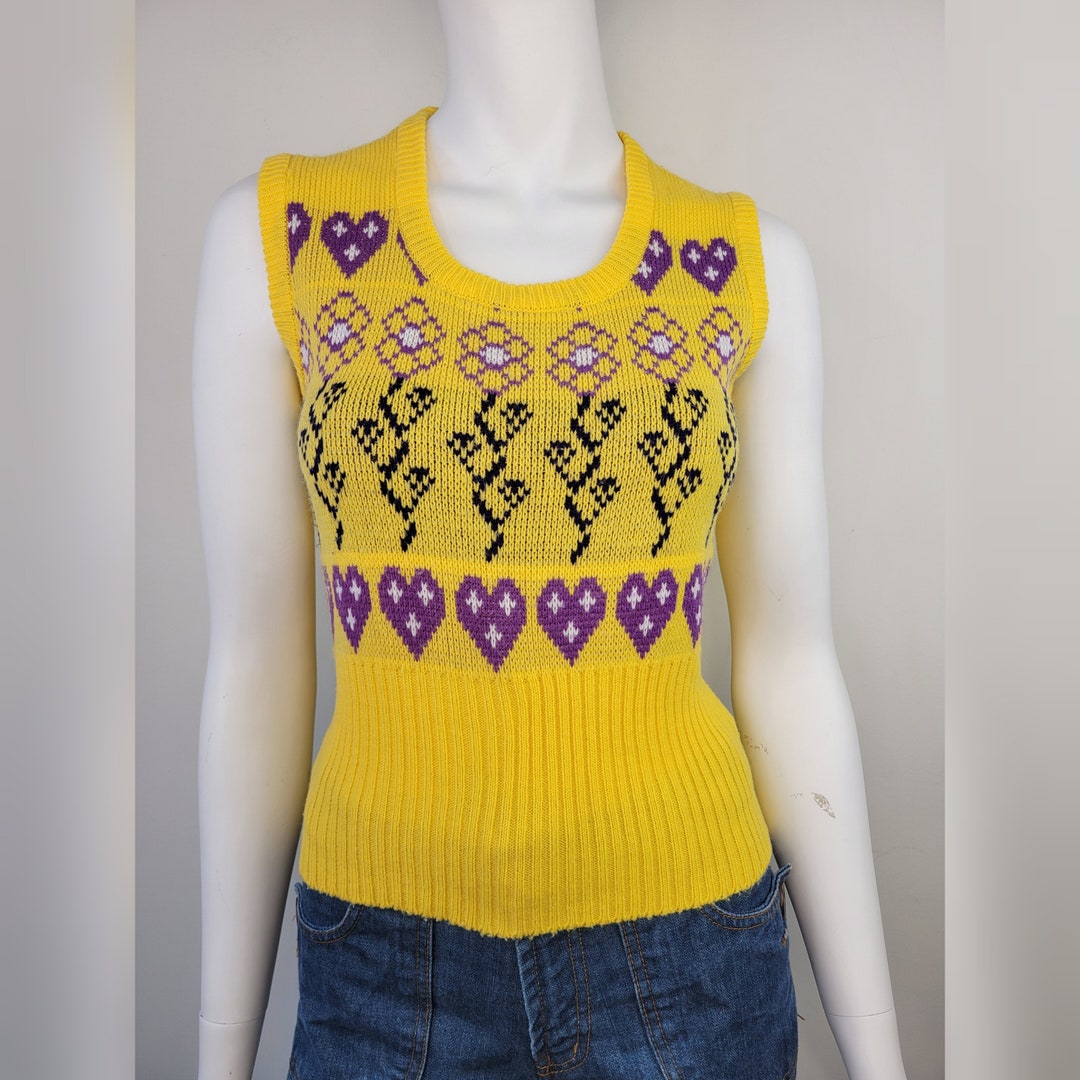 Vintage 1970s Heart and Floral Sweater Vest, Size S-M / 1970s Novelty ...