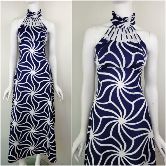 Vintage 1970s psychedelic cage neck maxi dress, Size … - Gem