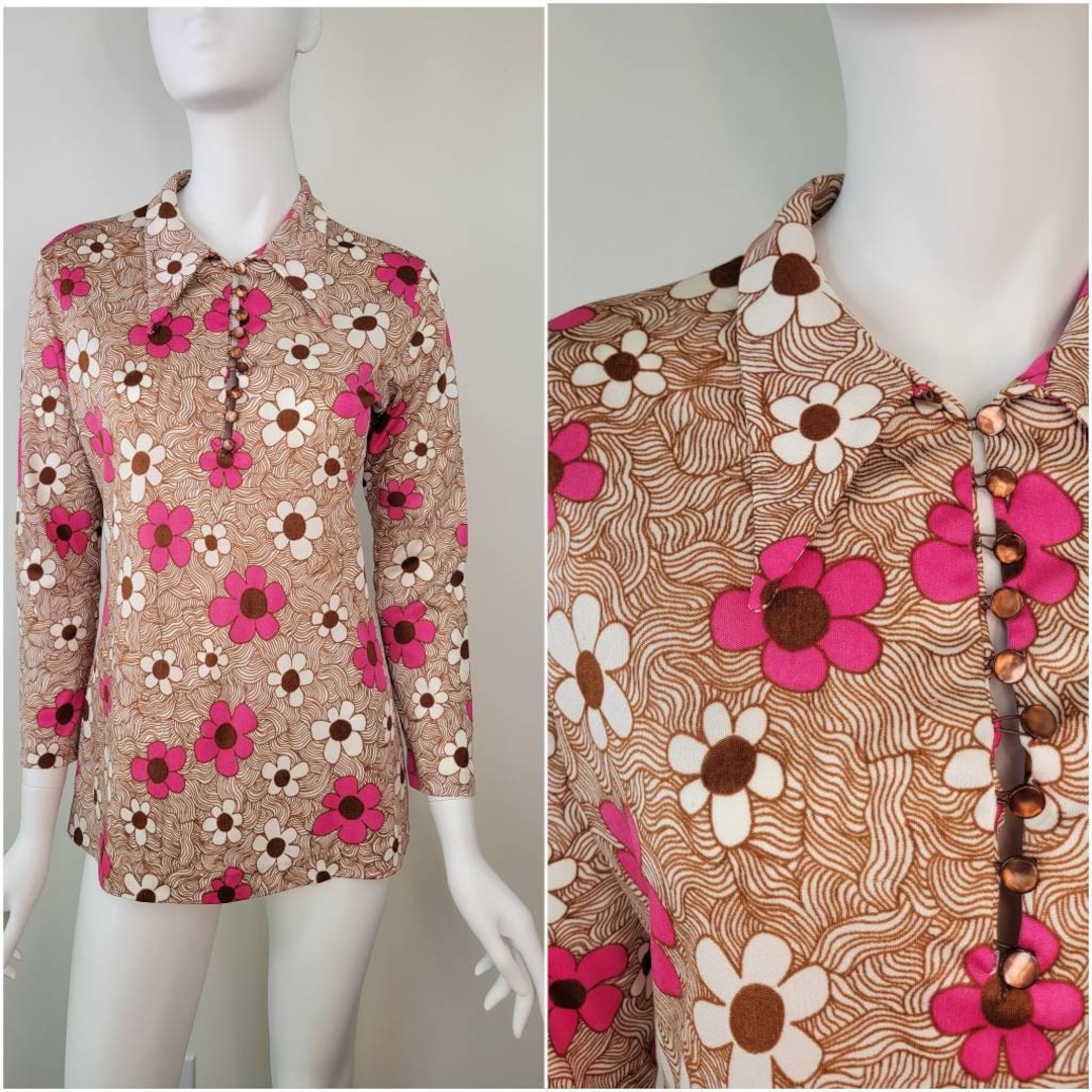 Vintage 1970s Daisy Print Top With Dagger Collar, Size S/M / 1960s ...