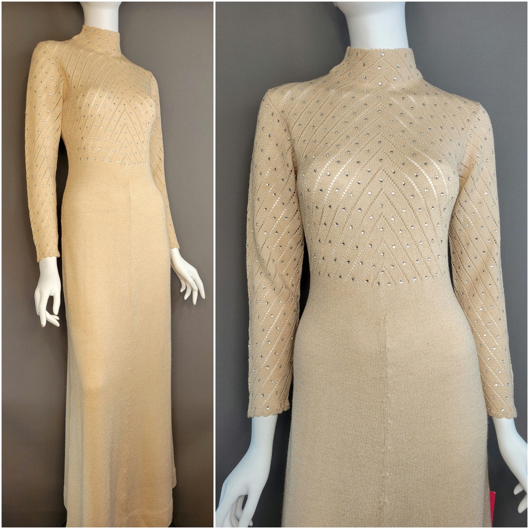 1970s DEADSTOCK Designer Anne Fogarty for Leonard Sunshine Beige Knit ...