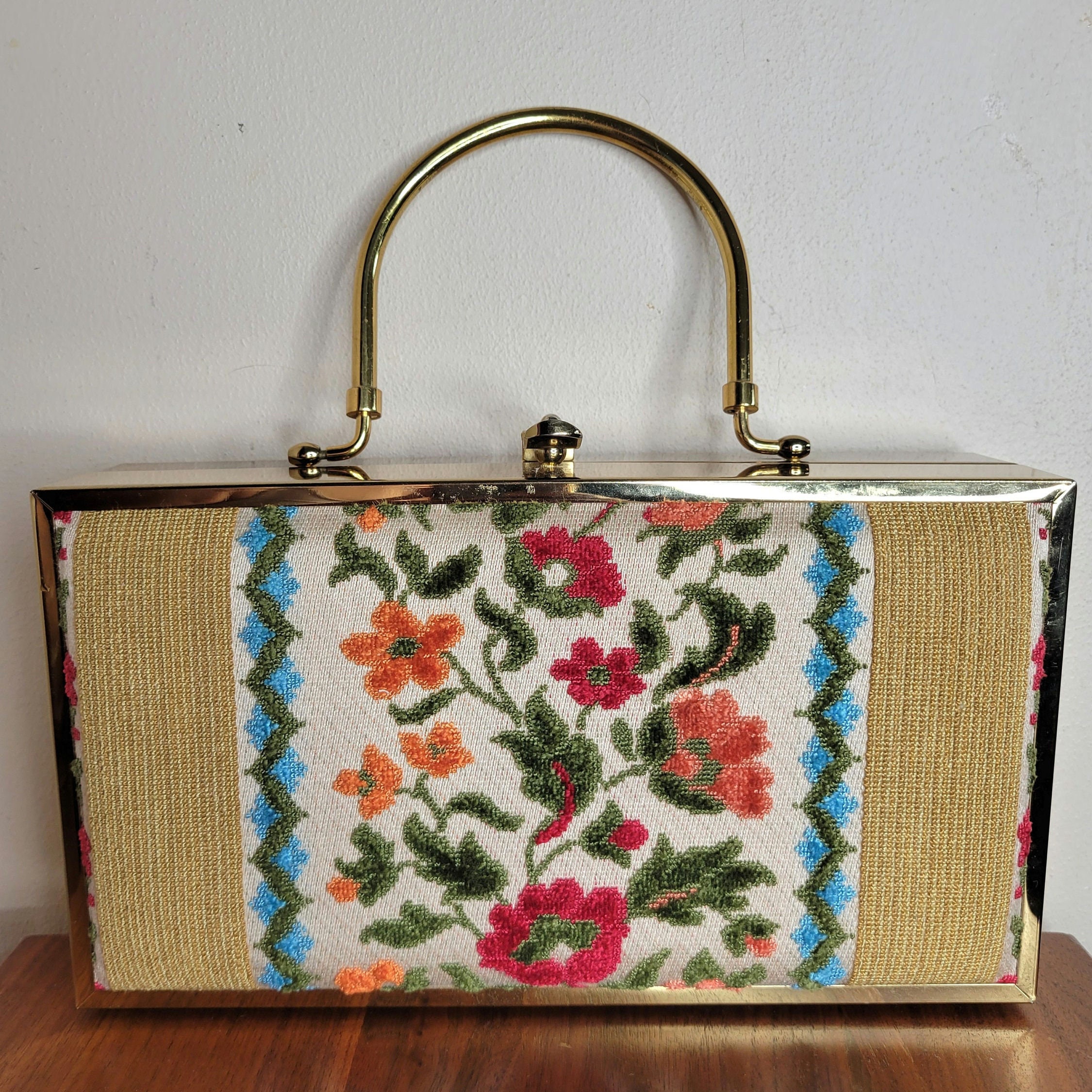RARE 1960s Floral Chenille & Gold Metal Box Purse by Lou Taylor Miami ...