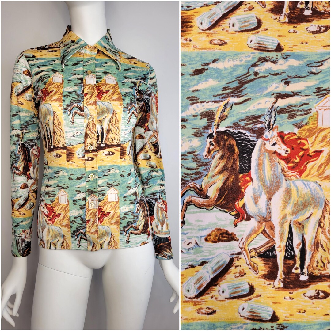Vintage 1970s Horses Print Blouse by Nettles World Size XS/S 32-36B / 1970s Novelty Print Blouse ...
