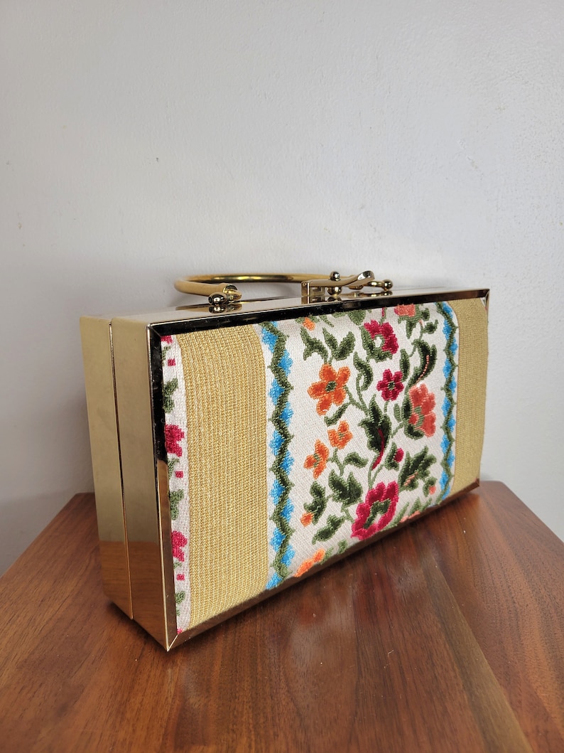 RARE 1960s Floral Chenille & Gold Metal Box Purse by Lou Taylor Miami ...
