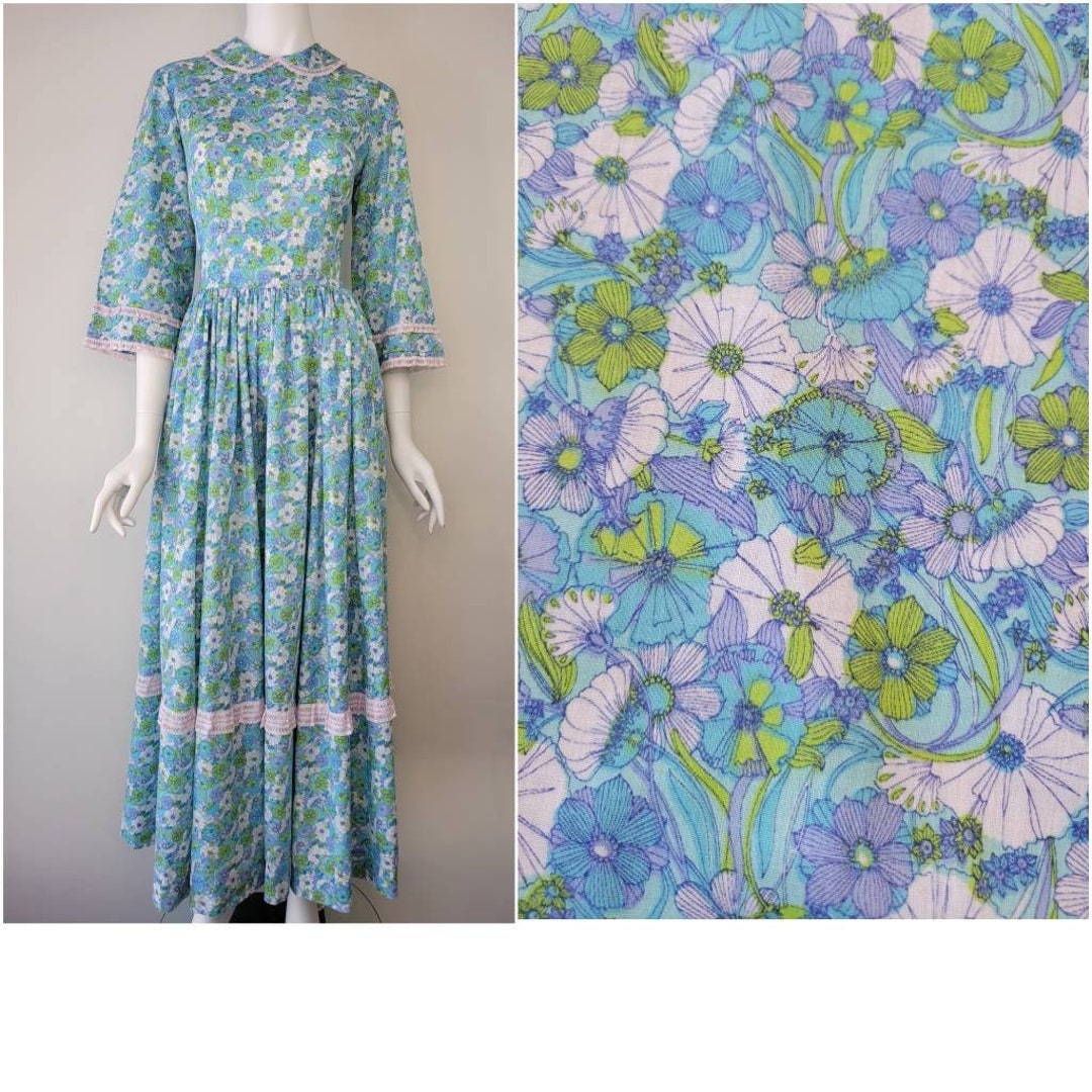 Vintage 1960s Floral Cotton Maxi Dress, Size M / 60s Floral Dress ...