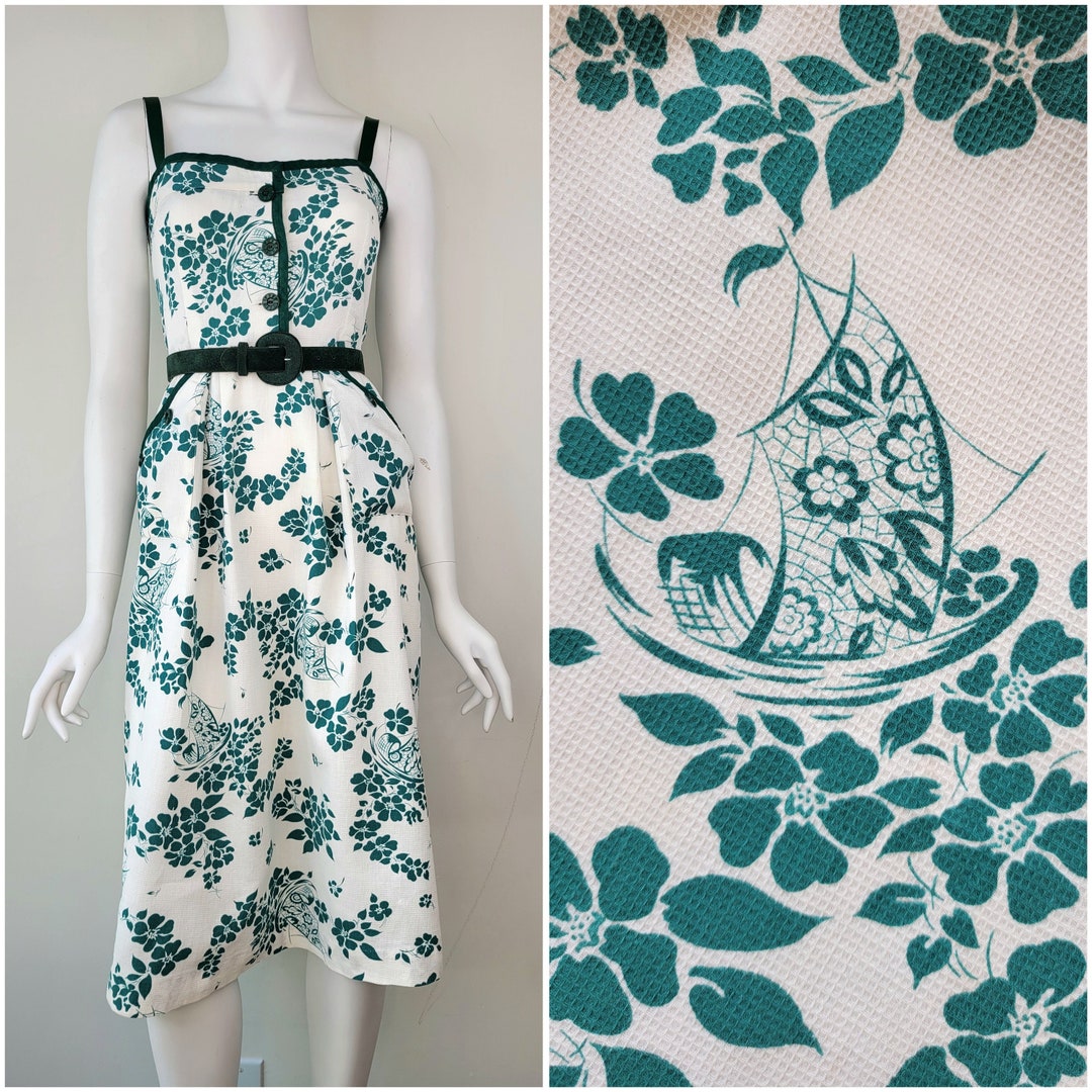 Vintage 1940s Boat Print Cotton Pique Sundress Dress Size S 26-28W ...