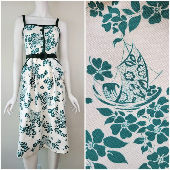 Vintage 1940s Boat print cotton Pique sundress dress … - Gem