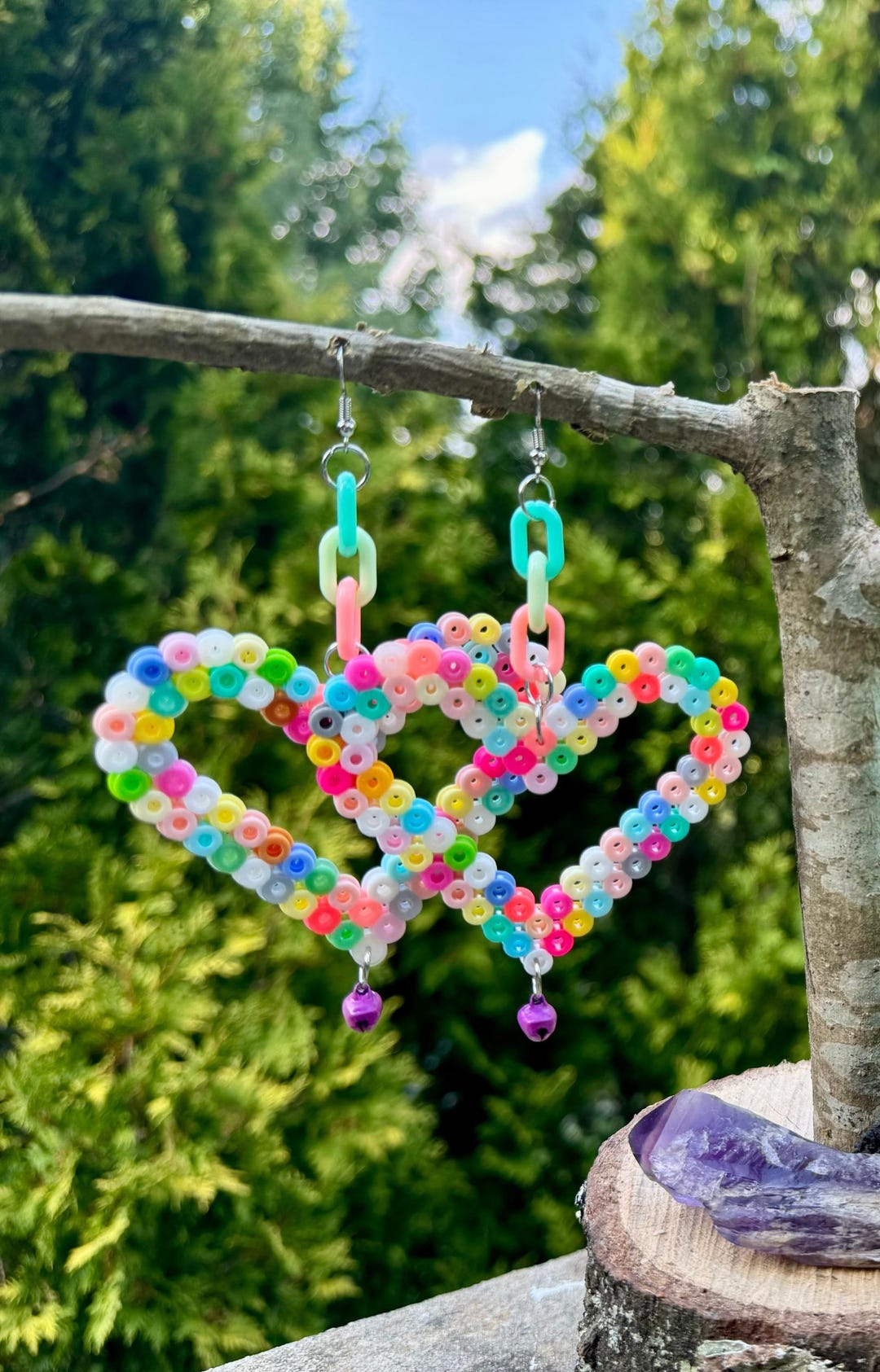 Heart Dangle 7 Perler Bead Heart Earrings and Tiny Jingle Bells - Etsy