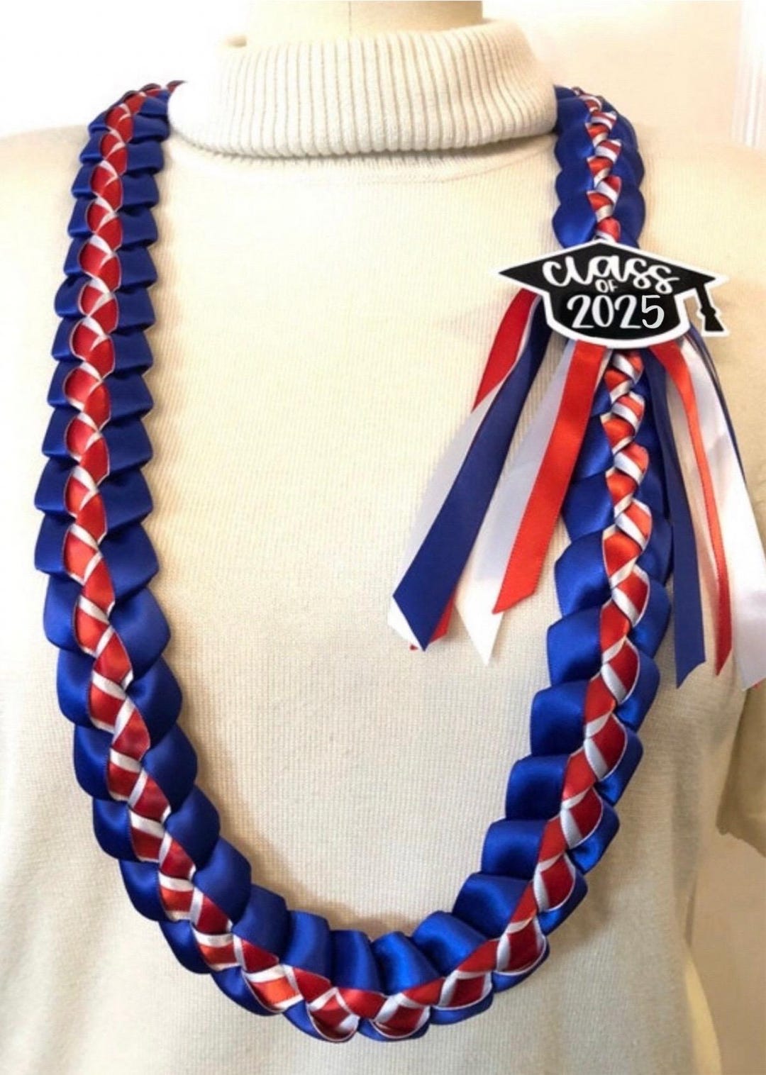 Royal Blue, White, Red Ribbon Lei for Class of 2025 Graduation ...