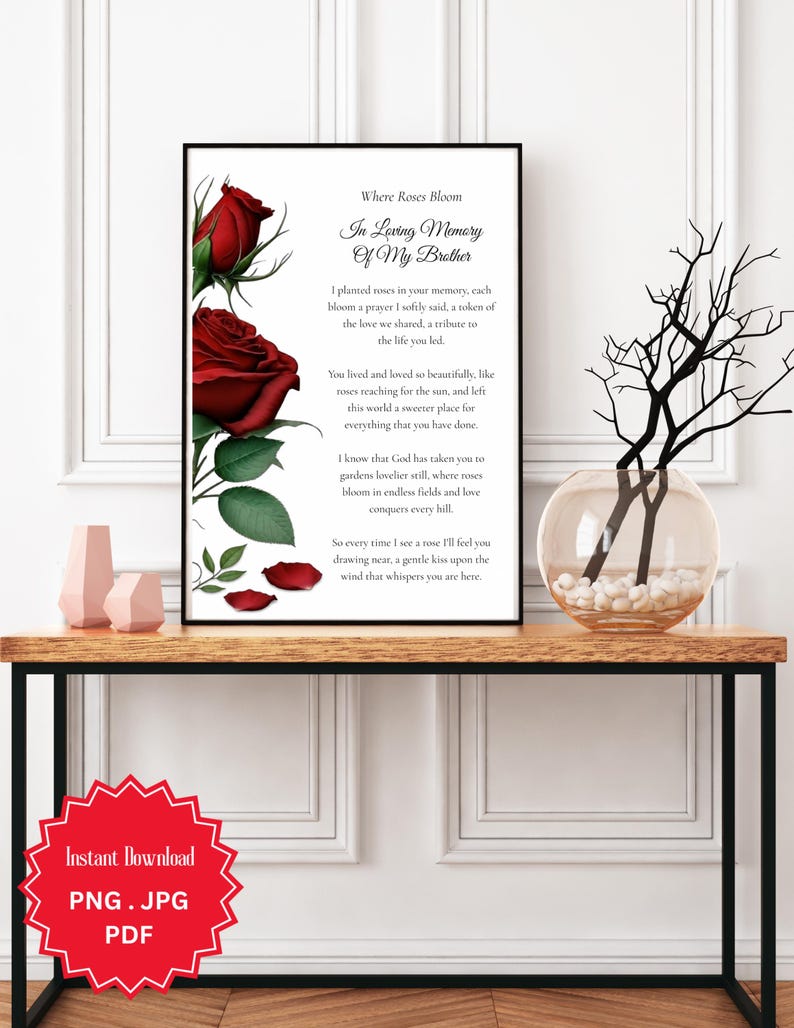 Loss of Brother Sympathy Printable, in Loving Memory Poem, Botanical ...