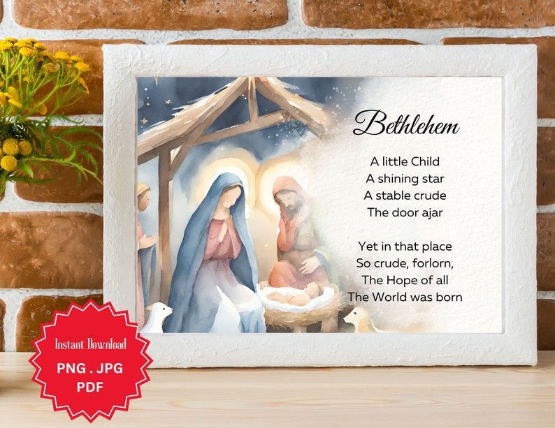Bethlehem Christmas Poem Printable, Nativity Watercolor Wall Art ...