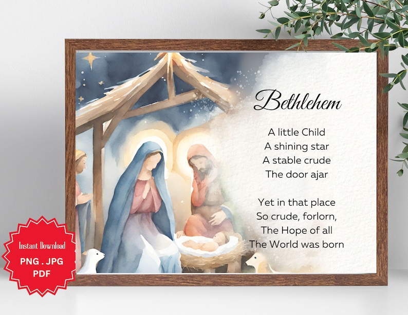 Bethlehem Christmas Poem Printable, Nativity Watercolor Wall Art ...