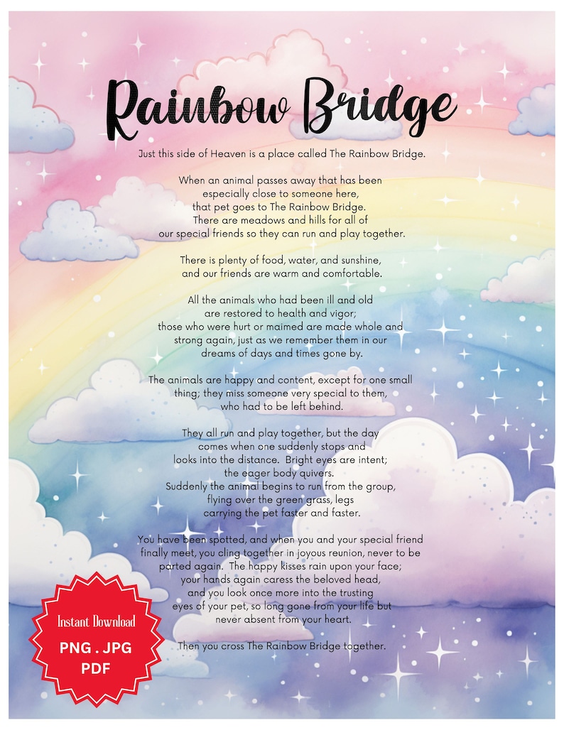 Rainbow Bridge Pet Loss Poem Print: Dog Sympathy Gift, Clouds ...