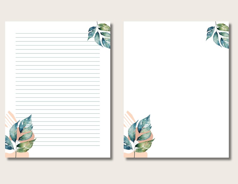 Botanical Printable Stationery Bundle, Floral & Leaf Writing Paper Set ...