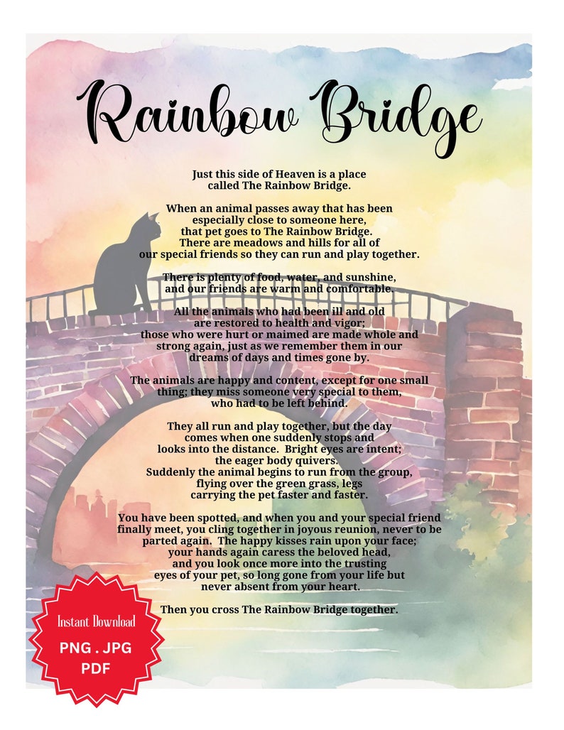 Rainbow Bridge Cat Remembrance Poem: Pet Sympathy Gift (digital ...