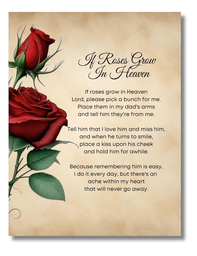 Roses in Heaven Poem, Loss of Dad Sympathy Printable, in Loving Memory ...
