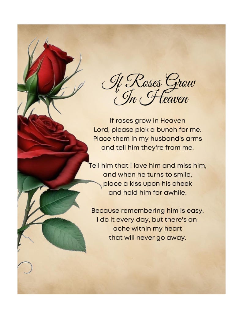 Loss of Husband Sympathy Poem, Roses in Heaven Verse, Parchment ...