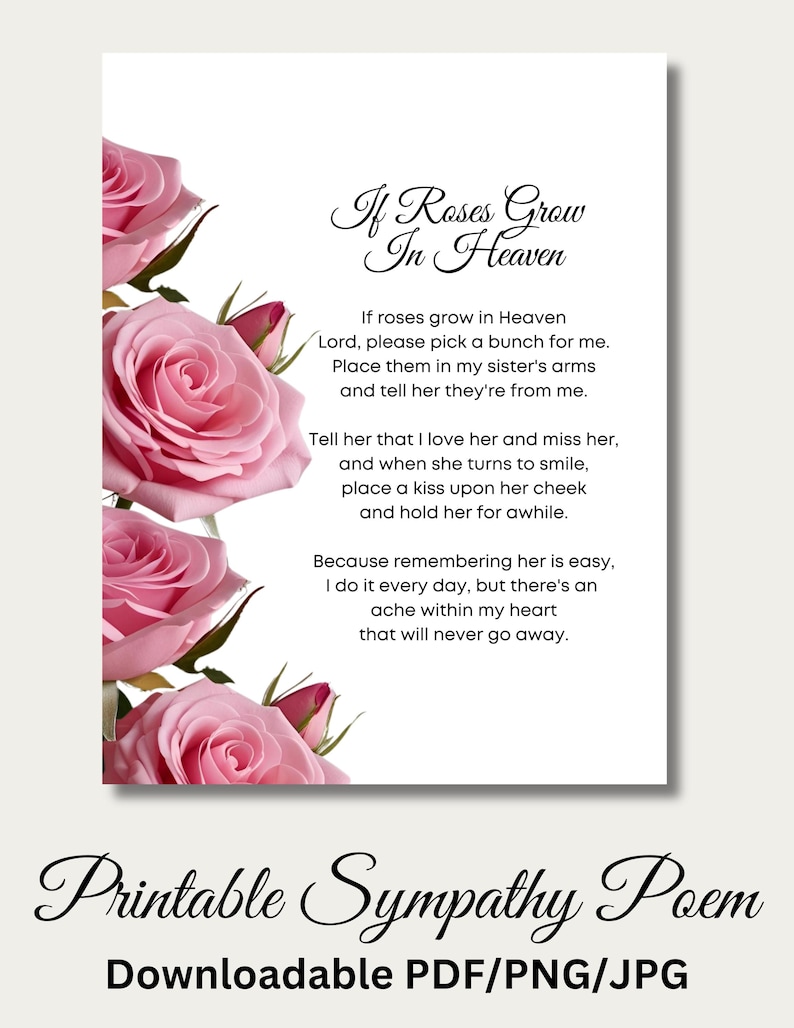 Loss of Sister Sympathy Gift: Roses in Heaven Poem (digital Print, JPG ...